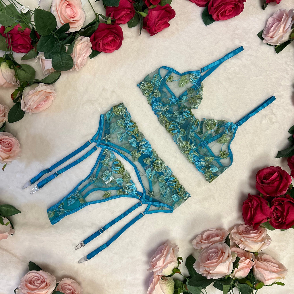LILIOSA Limited Edition Turquoise Floral 3 Piece Lingerie Set – Liliosa ...