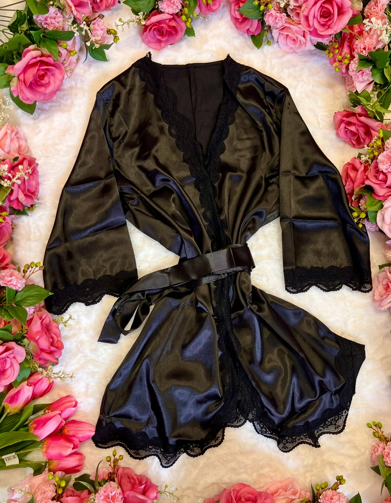 Dark Secret Dressing Gown - Black Satin Lace Robe with Scalloped Lace ...